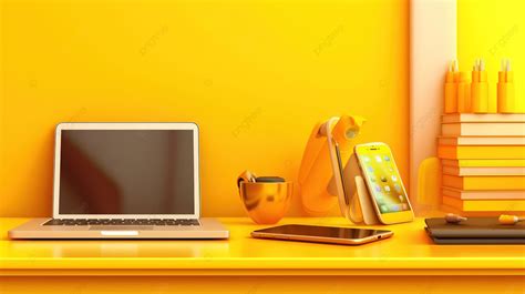 휴대전화와 디지털 태블릿 Pc가 있는 노란색 사무용 책상 3d 그림의 가로 배너 모바일 비즈니스 기술 전화 컴퓨터와 전화 배경 일러스트 및 사진 무료 다운로드