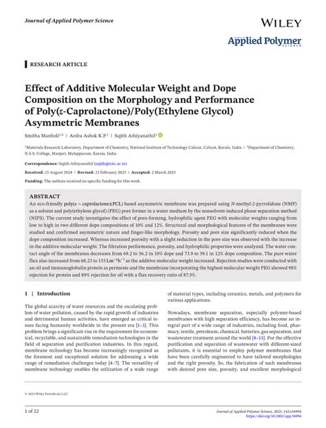 Effect Of Additive Molecular Weight And Dope Composition On The Morphology And Performance Of