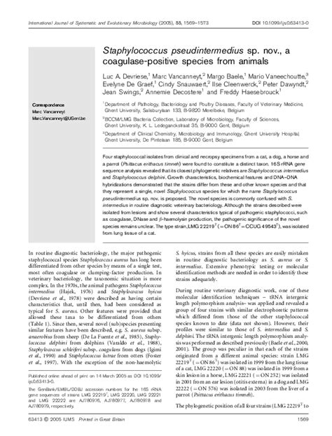 Pdf Staphylococcus Pseudintermedius Sp Nov A Coagulase Positive