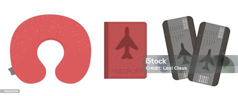 평면 쿠션 여권 티켓의 벡터 평면 그림 비행 여행자 장비 아이콘 흰색 배경에 격리된 이동 객체입니다 휴가 인포그래픽 요소입니다 개념에 대한 스톡 벡터 아트 및 기타 이미지