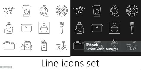 오염 행성 일회용 플라스틱 포크 지구 지구본 도시락 쓰레기 봉투 배터리 팩 및 종이 유리 아이콘을 들고 문제를 설정합니다 벡터 아이콘에 대한 스톡 벡터 아트 및 기타 이미지