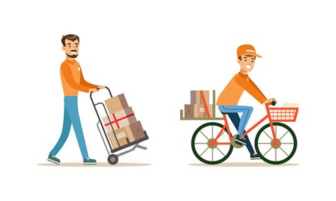 남성 택배 운반 상자 세트 카트와 자전거 만화 벡터 일러스트를 사용하여 소포를 배달 균일 한 배달 남자 문자 남자에 대한 스톡