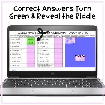 Adding Fractions With Denominators Of 10 And 100 Mystery Picture Reveal