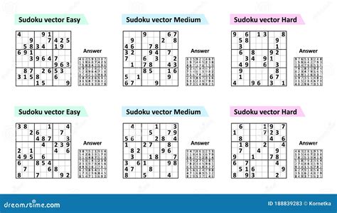 Set Sudoku Game With Answers Different Complexity Stock Vector