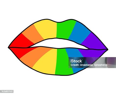 무지개 색깔의 입술의 실루엣 Lgbt 프라이드 월 로고 벡터 플랫 일러스트레이션 Lgbt 프라이드의 달에 대한 스톡 벡터 아트 및 기타 이미지 Lgbt 프라이드의 달