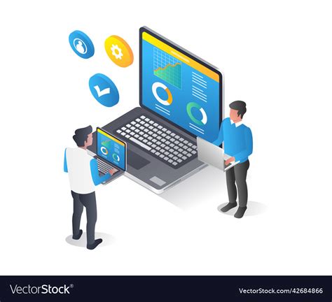 Flat Isometric Concept The Team Is Analyzing Vector Image
