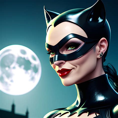 Charming Babe Catwoman In Strong Light Night Realistic Portrait Style