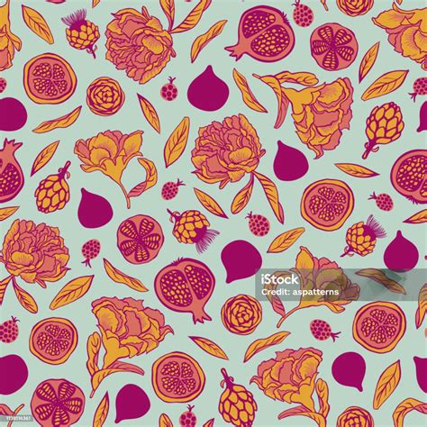 요소 꽃 나뭇잎 무화과 과일 석류 딸기 양 인데 벡터 완벽 한 패턴 배경 0명에 대한 스톡 벡터 아트 및 기타 이미지 0명