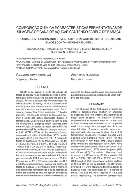 Pdf Chemical Composition And Fermentative Characteristics Of Sugar Cane Silages Containing
