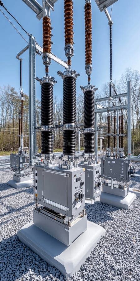 Electrical Substation Under A Clear Blue Sky Transformers Insulators And Power Lines Stock