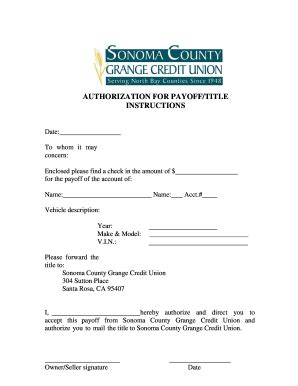 Authorization For Payoff Of Motor Vehicle Blank Fillable Template