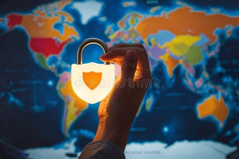 Hand Holding Glowing Padlock Against World Map Internet Security Concept Stock Illustration
