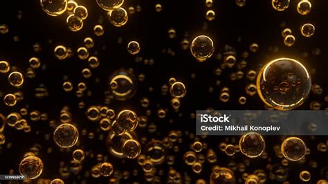 수중 거품 추상 오렌지 골든 버블 배경 거품의 분포 반사와 함께 멋진 3d 구체 물 속의 다양한 기포의 매크로 샷 3d 렌더링