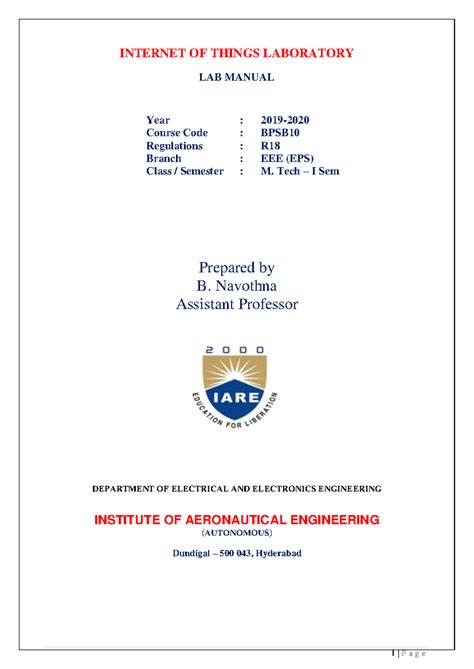 Iare Iot Lab Manual 1 P A G E Internet Of Things Laboratory Lab Manual Year 2019 Course