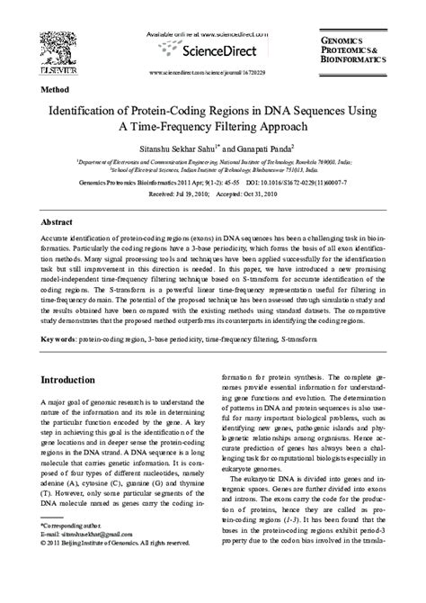 Pdf Identification Of Protein Coding Regions In Dna Sequences Using A Time Frequency Filtering