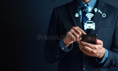 Businessman Use Smartphone Control Intelligent Car App Eco System Vehicle And Smart Cars With