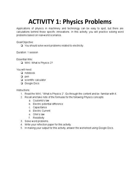 Physics 2 Activity 1 Physics Problems Download Free Pdf