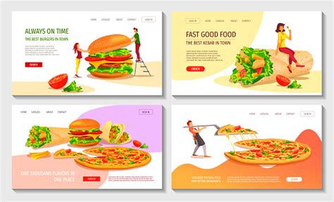 패스트 푸드 요리 카페 및 레스토랑 메뉴 음식 주문 정크 푸드를위한 웹 페이지 디자인 템플릿 세트 햄버거 케밥 피자 타코 감자 요리에 대한 스톡 벡터 아트 및 기타 이미지