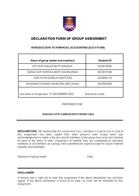 Acc 117 Group Project Declaration Form Of Group Assignment