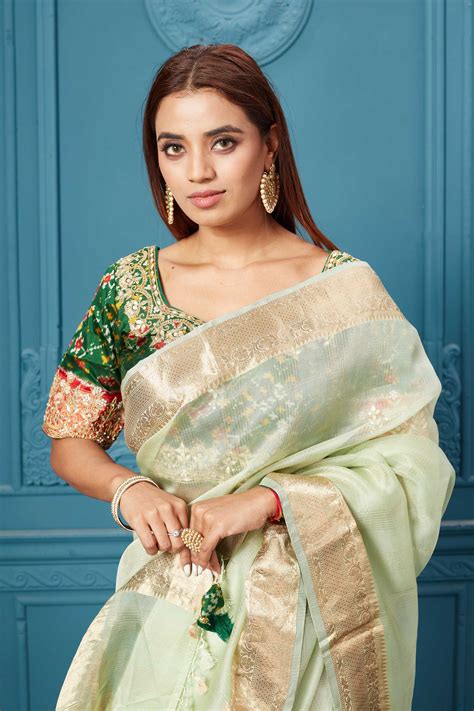 Shop Pista Green Organza Silk Saree Online In Usa Green Patola Blouse