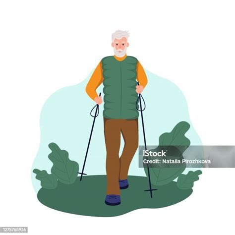 한 노인이 공원에서 막대기로 걷고 있다 북유럽 걷기 활동적인 노화 스포츠의 개념 플랫 만화 벡터 일러스트레이션 걷기에 대한 스톡