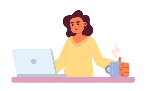 Female Freelance Programmer With Laptop And Cup Semi Flat Color Vector Character Editable