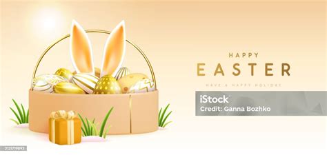 선물 상자 바구니 달걀 및 토끼 귀가 있는 행복한 부활절 휴일 배경입니다 벡터 일러스트 레이 션 3월에 대한 스톡 벡터 아트 및 기타 이미지 Istock