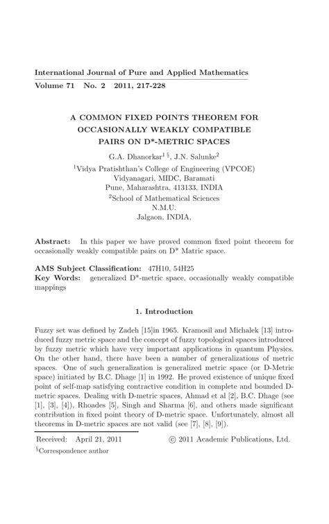 Pdf A Common Fixed Points Theorem For Occasionally Weakly Compatible