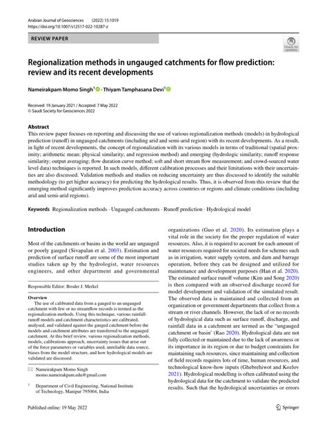 Pdf Regionalization Methods In Ungauged Catchments For Flow Prediction Review And Its Recent