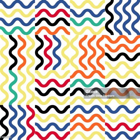 현대 추상 기하학적 벡터는 사각형 삼각형 및 사각형과 같은 간단한 요소와 모양을 가진 매끄러운 패턴입니다 빨간색 파란색 주황색 노란색 흰색 배경의 검은 색으로 화려한