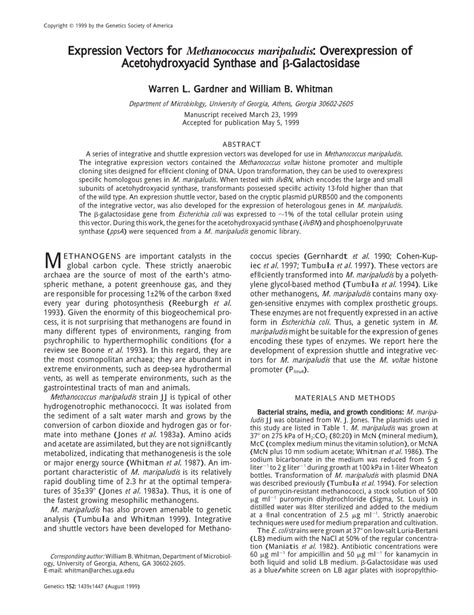 Pdf Expression Vectors For Methanococcus Maripaludis Overexpression Of Acetohydroxyacid