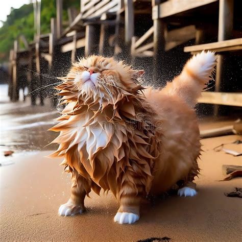 A Fluffy Cat Shaking Water Off His Wet Hair Character Stock