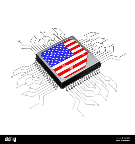 Microchip Cpu Processor With Circuit And Usa Flag On A White Background 3d Rendering Stock