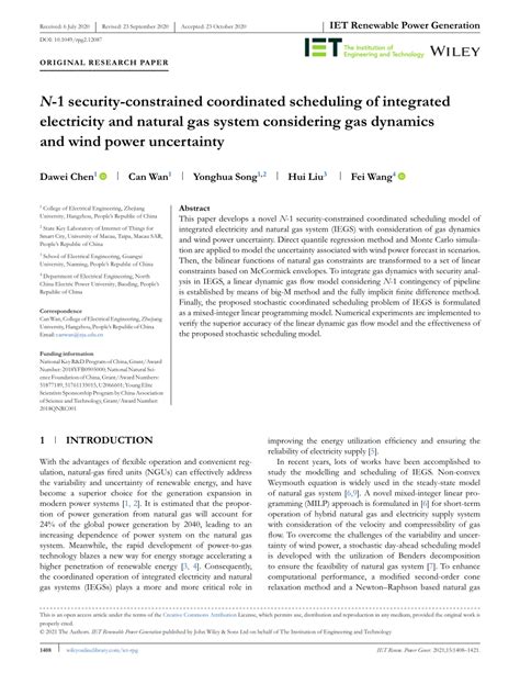 Pdf N ‐1 Security‐constrained Coordinated Scheduling Of Integrated Electricity And Natural Gas