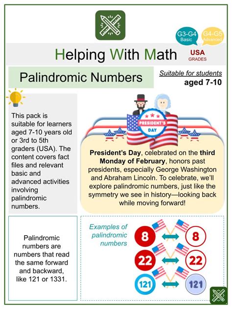 Palindromic Numbers President S Day Worksheets Ages 7 10