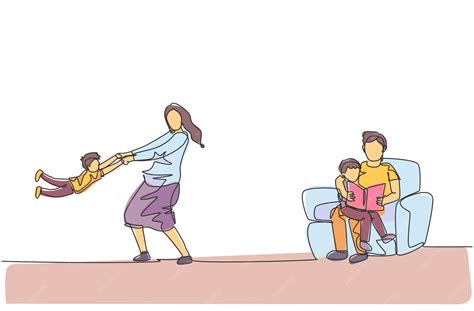 Dessin Au Trait Continu Unique Du Père Lisant Un Livre à Son Fils Et à