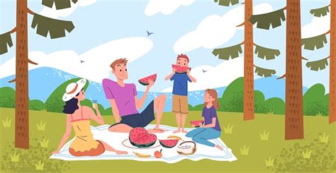 자연 속에서 즐기는 가족 피크닉 행복 한 자녀를 둔 부모는 여름 숲 공원 야외 점심 주말 함께 아들 딸 어머니 아버지 고급 벡터 일러스트 레이 션에서 담요에 음식을 먹습니다
