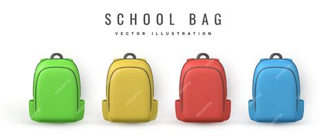 귀여운 만화 배낭 세트 3d 현실적인 학교 가방 다시 학교 개념 벡터 일러스트 레이 션 프리미엄 벡터