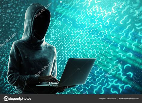 side view hacker using laptop creative hexagonal interface criminal