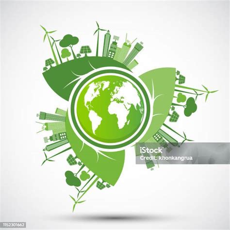 생태 및 환경 개념 도시 주변 녹색 나뭇잎과 지구 기호는 환경 친화적 인 아이디어 벡터 일러스트와 함께 세계를 도와 0명에 대한