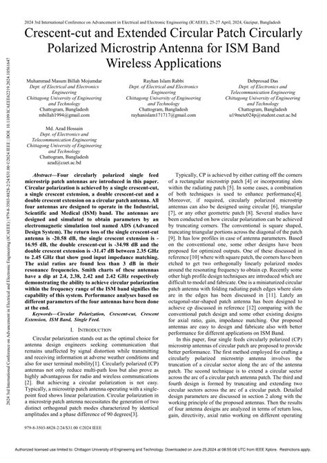 Pdf Crescent Cut And Extended Circular Patch Circularly Polarized Microstrip Antenna For Ism