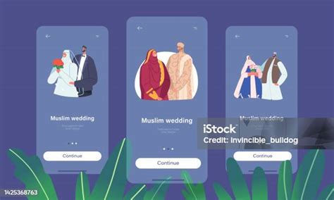 무슬림 커플 결혼식 모바일 앱 페이지 온보드 스크린 템플릿 전통적인 이슬람 신랑과 신부 캐릭터 약혼식에 대한 스톡 벡터 아트 및 기타 이미지 Istock