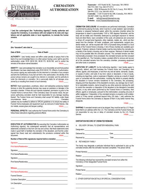 Fillable Online Funeralalternatives Cremation Tumwater Authorization