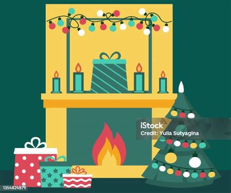 크리스마스 벽난로 휴일 아늑한 집 인테리어 새해 분위기 크리스마스 트리 선물 벽난로 촛불 화환방 장식 벡터 일러스트레이션 가정 생활에 대한 스톡 벡터 아트 및 기타 이미지