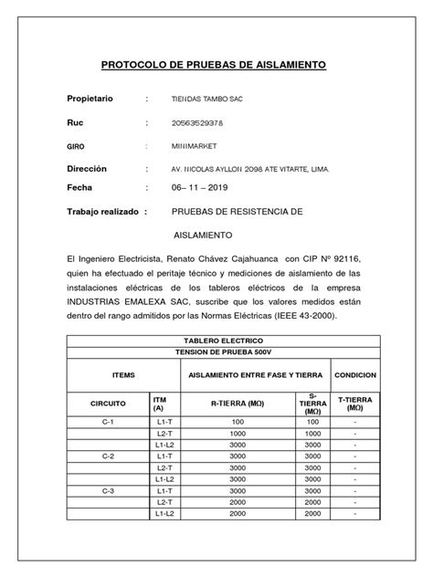 2 Protocolo de Pruebas de Aislamiento (Megado) | PDF