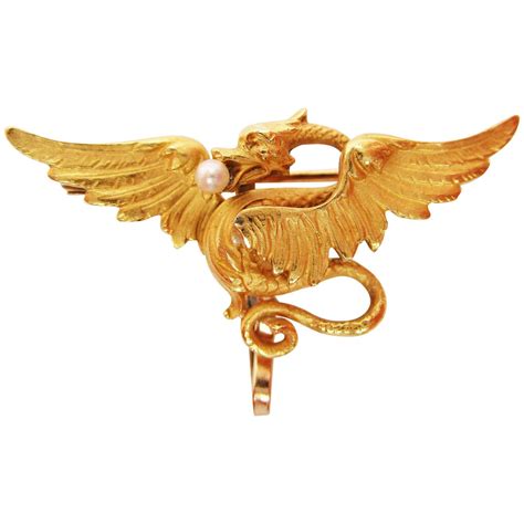 1890 Victorian 14 Karat Gold Krementz Winged Dragon Pearl Watch Holder
