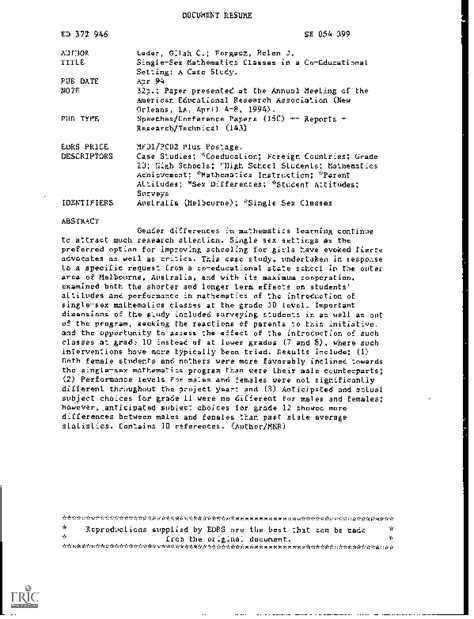 Pdf Single Sex Mathematics Classes In A Co Educational Setting A