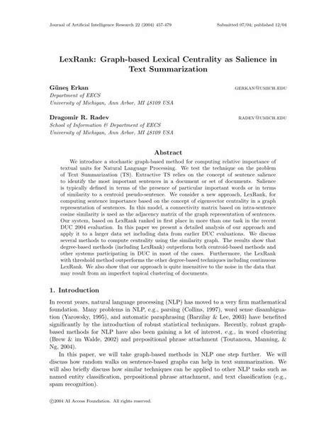 Pdf Lexrank Graph Based Lexical Centrality As Salience … · Lexrank