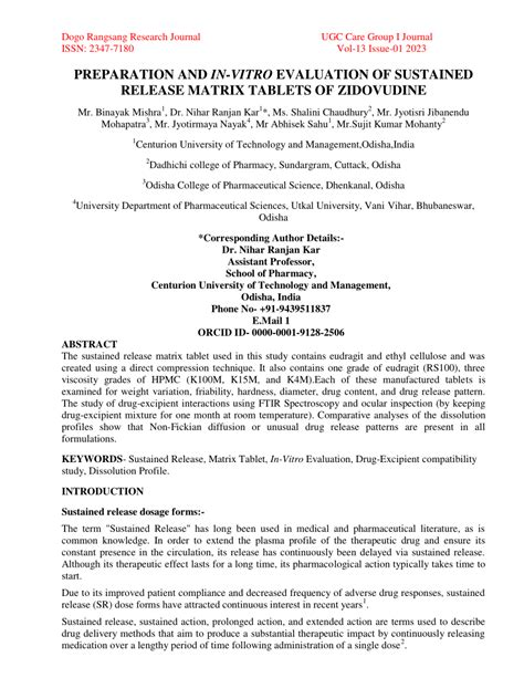 Pdf Preparation And In Vitro Evaluation Of Sustained Release Matrix Tablets Of Zidovudine
