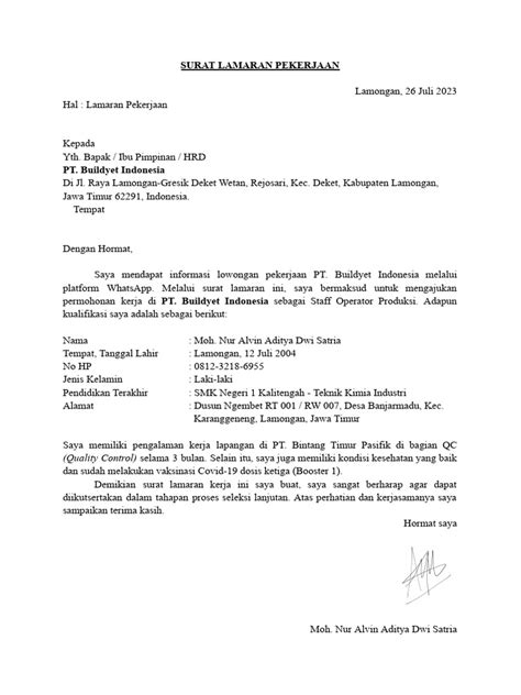 Surat Lamaran Pekerjaan And Cv Moh Nur Alvin Aditya Dwi Satria Pdf